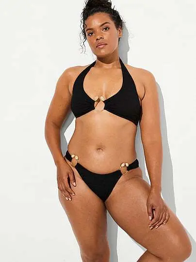 Victoria's Secret Swim Beach Hoops Textured Jacquard Halter Bikini Top - Black