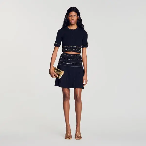 Sandro Cropped Knit Top With Tassels And Button Fastening - Black