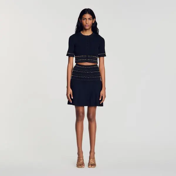 Sandro Cropped Knit Top With Tassels And Button Fastening - Black