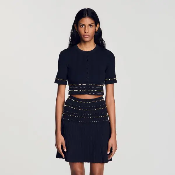 Sandro Cropped Knit Top With Tassels And Button Fastening - Black