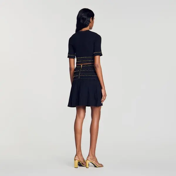 Sandro Cropped Knit Top With Tassels And Button Fastening - Black