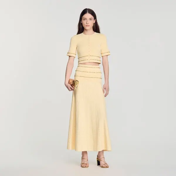 Sandro Cropped Knit Top With Tassels And Button Fastening - Vanilla