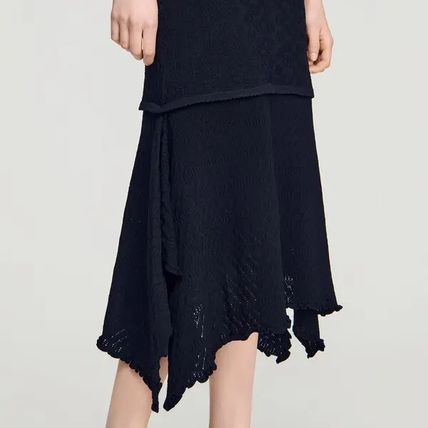 Sandro Pointelle Midi Dress With Ruffled Asymmetrical Skirt