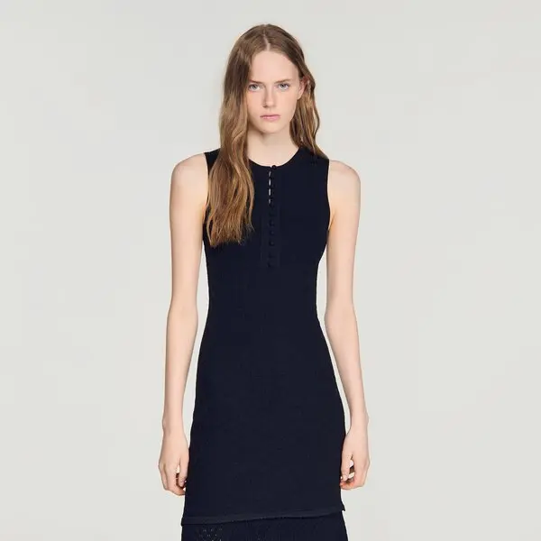 Sandro Pointelle Midi Dress With Ruffled Asymmetrical Skirt