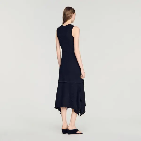 Sandro Pointelle Midi Dress With Ruffled Asymmetrical Skirt