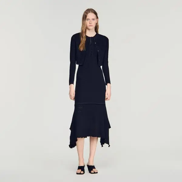 Sandro Pointelle Midi Dress With Ruffled Asymmetrical Skirt