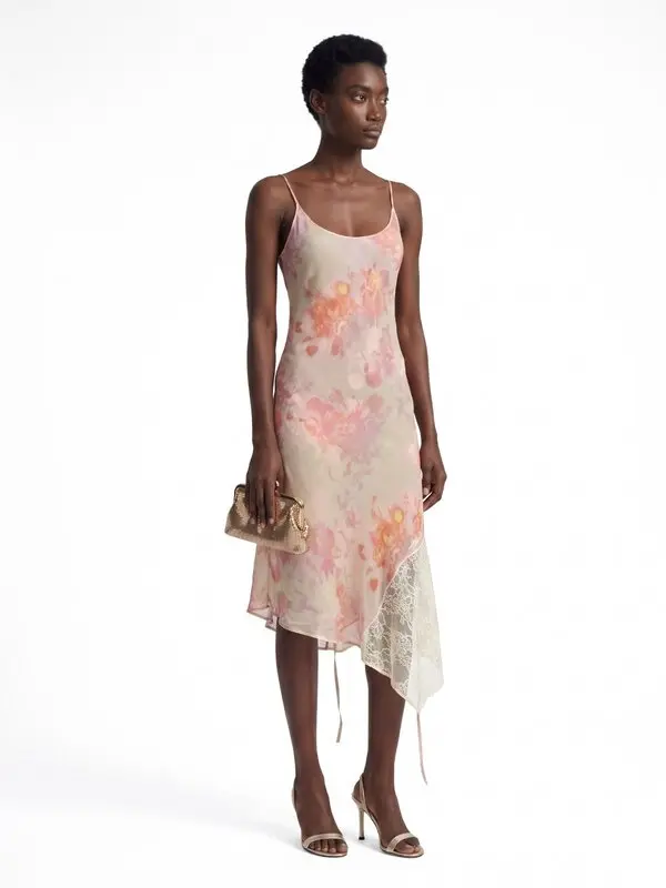DIESEL® Multicolor Floral Lace Trim Midi Dress