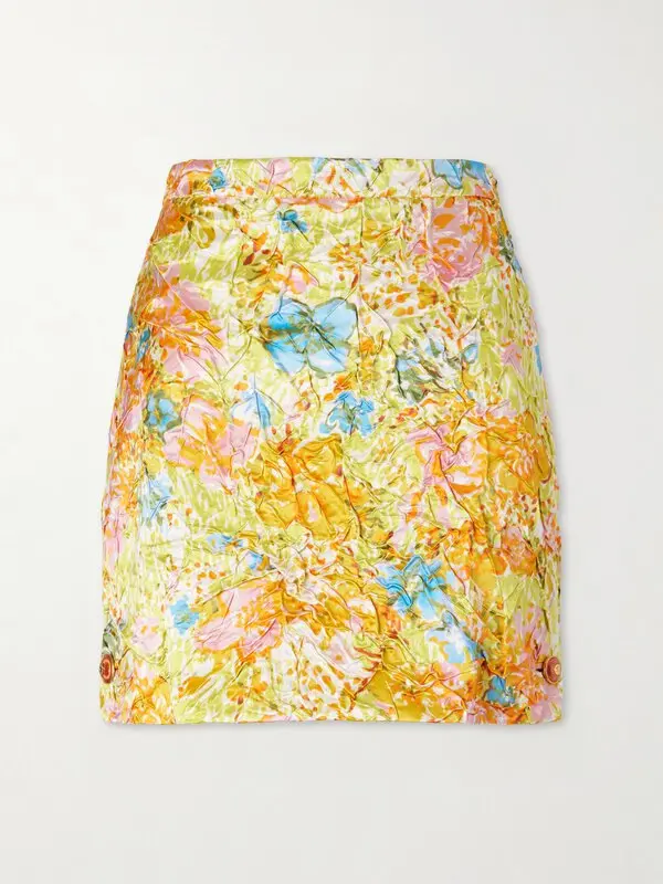 Versace Floral-print Crinkled Silk-duchesse Mini Skirt - Yellow