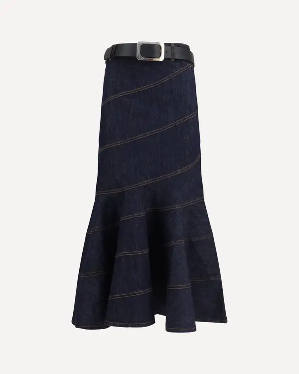 SELF-PORTRAIT Denim Midi Skirt With Belt