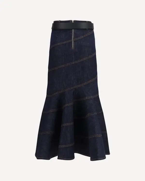 SELF-PORTRAIT Denim Midi Skirt With Belt
