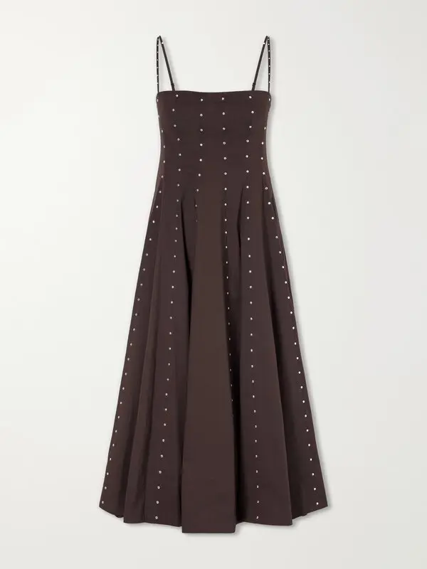 Staud Wylie Embellished Paneled Stretch Cotton-blend Poplin Midi Dress - Brown