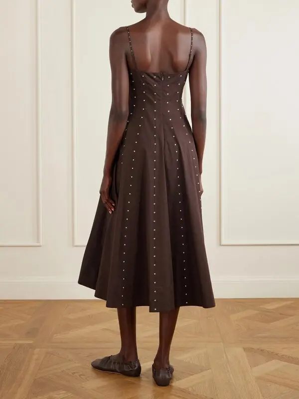 Staud Wylie Embellished Paneled Stretch Cotton-blend Poplin Midi Dress - Brown