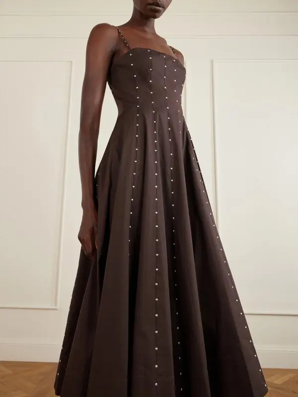 Staud Wylie Embellished Paneled Stretch Cotton-blend Poplin Midi Dress - Brown