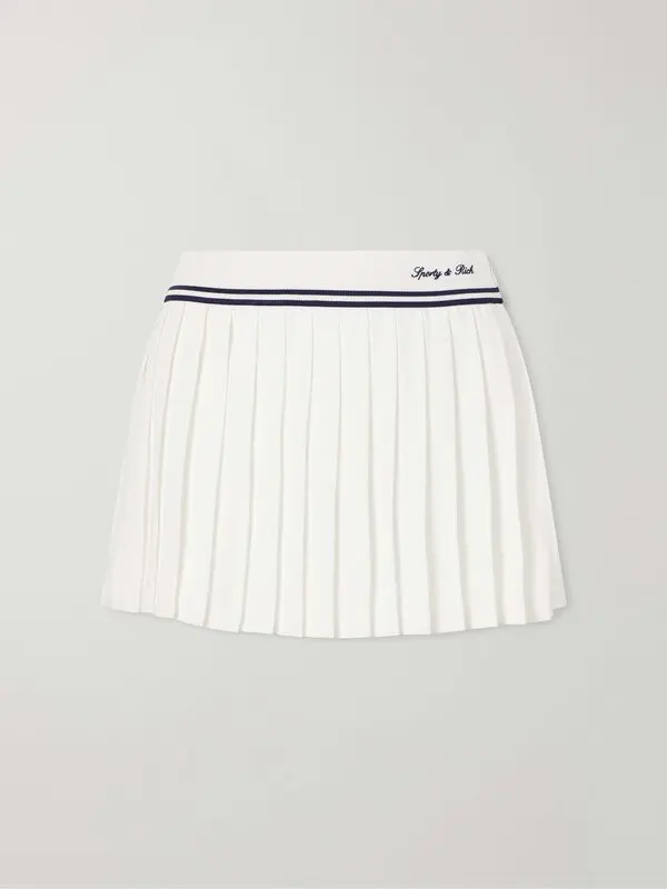SPORTY & RICH Abigail Pleated Embroidered Striped Crepe De Chine Mini Skirt - Ecru