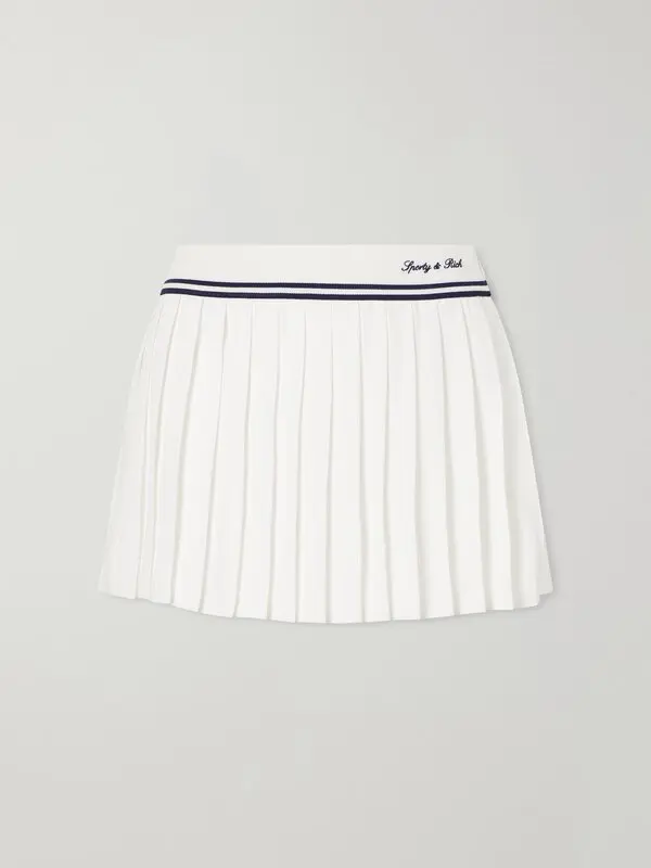 Sporty & Rich Abigail Pleated Embroidered Striped Crepe De Chine Mini Skirt - Neutrals