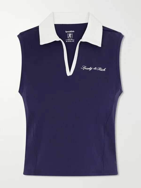 Sporty & Rich Sleeveless Cropped Polo Shirt With Contrast Collar - Blue