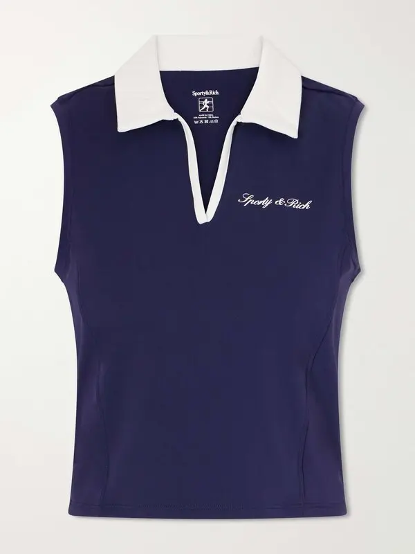 SPORTY & RICH Logo-appliquéd Stretch-jersey Top - Navy
