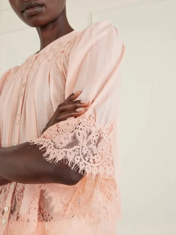 Rixo Erika Shirred Cotton-voile Blouse With Lace Trim