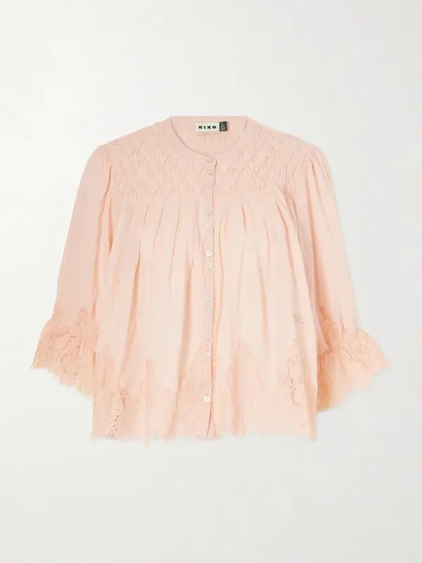 Rixo Erika Shirred Cotton-voile Blouse With Lace Trim - Orange