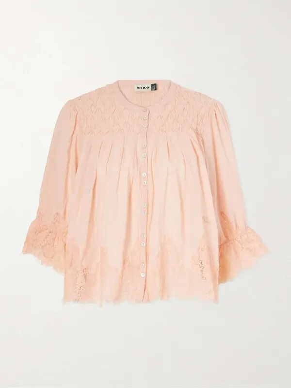 Rixo Erika Shirred Lace-trimmed Cotton-voile Blouse - Peach