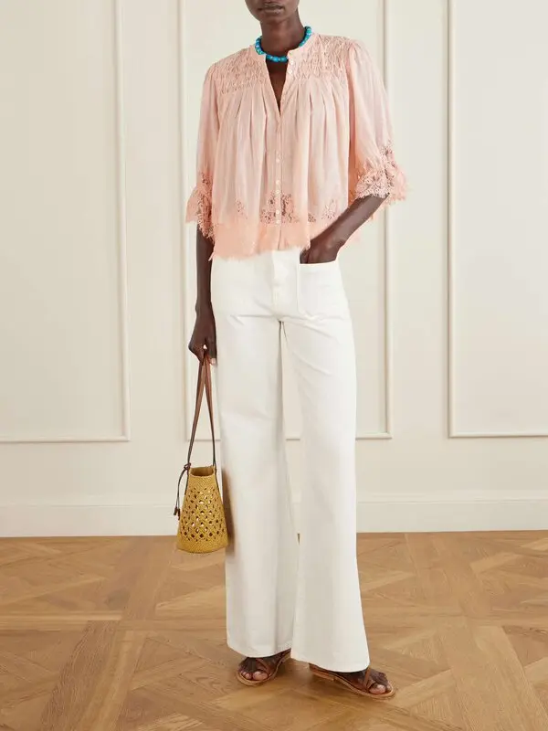 Rixo Erika Shirred Lace-trimmed Cotton-voile Blouse