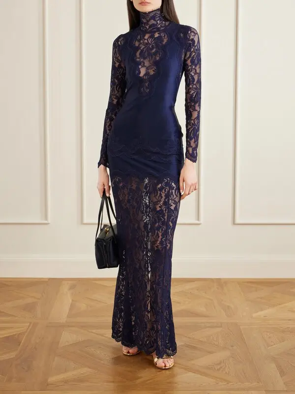 Rabanne Lace Trimmed Jersey Maxi Dress - Navy