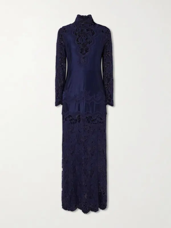 Rabanne Lace Trimmed Jersey Maxi Dress - Navy