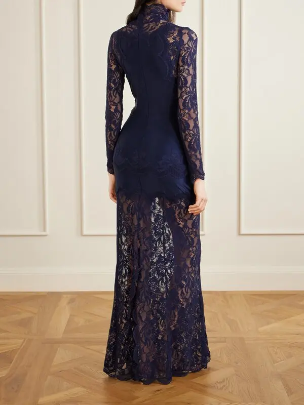 Rabanne Lace Trimmed Jersey Maxi Dress - Navy