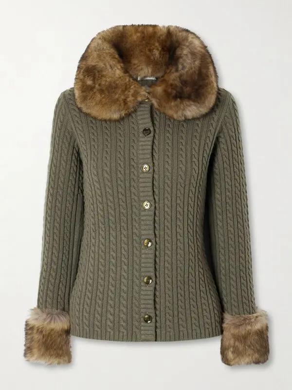 Saint Laurent Shearling-trimmed Cable-knit Cashmere Cardigan - Green