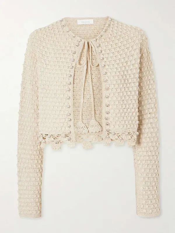 Rabanne Embellished Crocheted Cotton Cardigan - Ecru