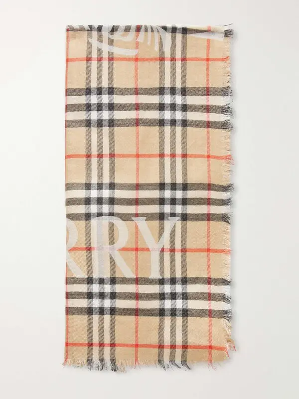 Burberry Frayed Printed Checked Wool And Silk-blend Scarf - Beige
