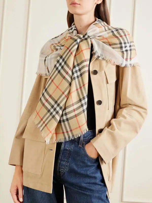 Burberry Frayed Printed Checked Wool And Silk-blend Scarf
