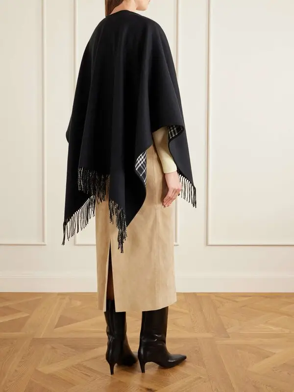 Burberry Reversible Fringed Checked Wool Cape