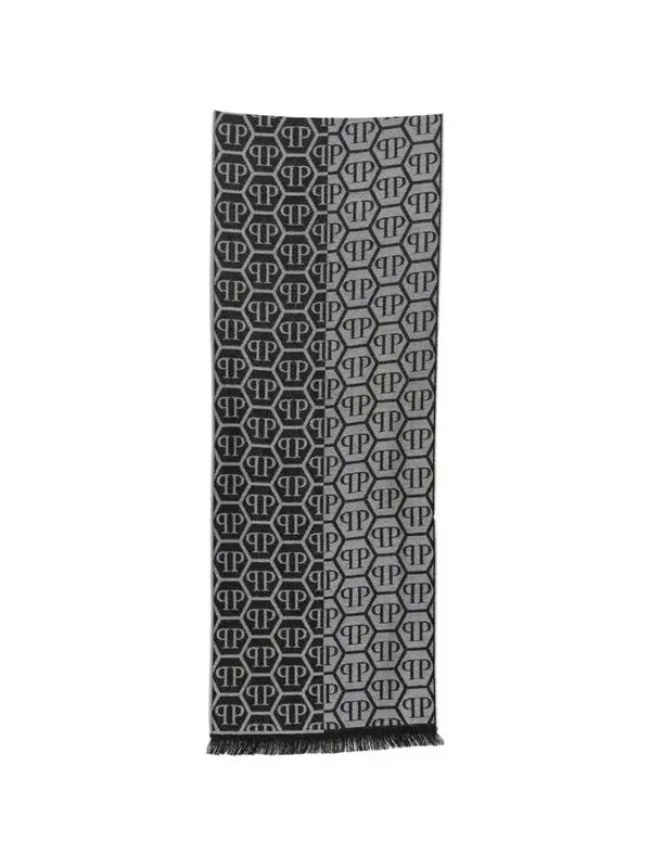 Philipp Plein Monogram-pattern Fringed-edge Scarf - Black