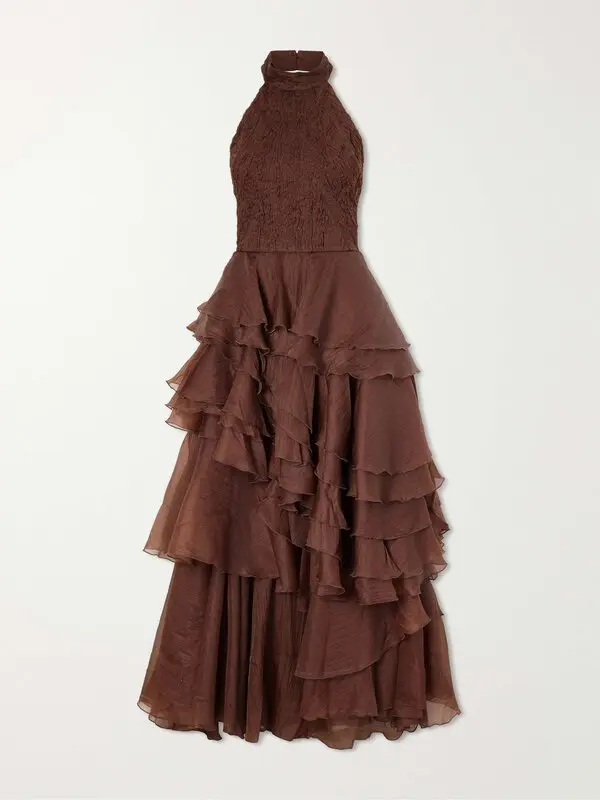 Aje Fayette Tiered Ruffled Crepon Halterneck Gown