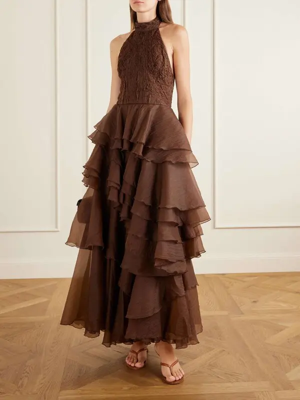 Aje Fayette Tiered Ruffled Crepon Halterneck Gown