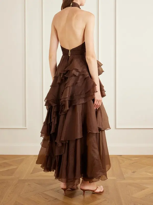 Aje Fayette Tiered Ruffled Halterneck Gown - Brown