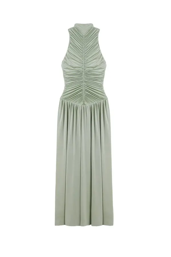 NOCTURNE Draped Stand Collar Maxi Dress