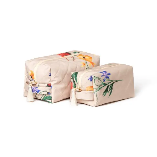 RAINSISTERS Neutrals Floral Travel Makeup Bag Set: Spring Bloom - Beige