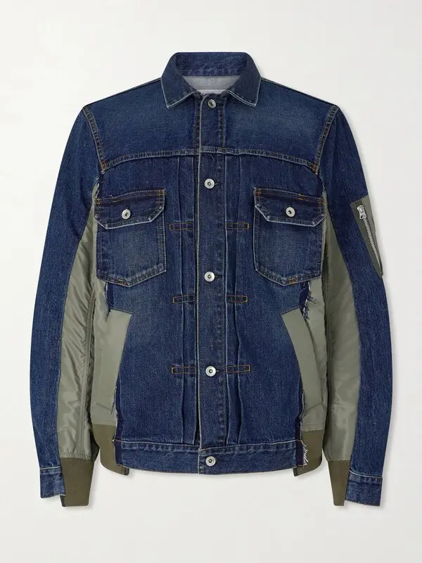 Sacai Distressed Shell-trimmed Denim Jacket