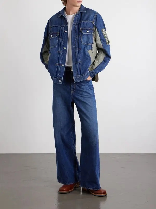 Sacai Distressed Shell-trimmed Denim Jacket