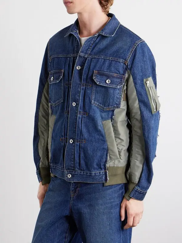 Sacai Distressed Shell-trimmed Denim Jacket