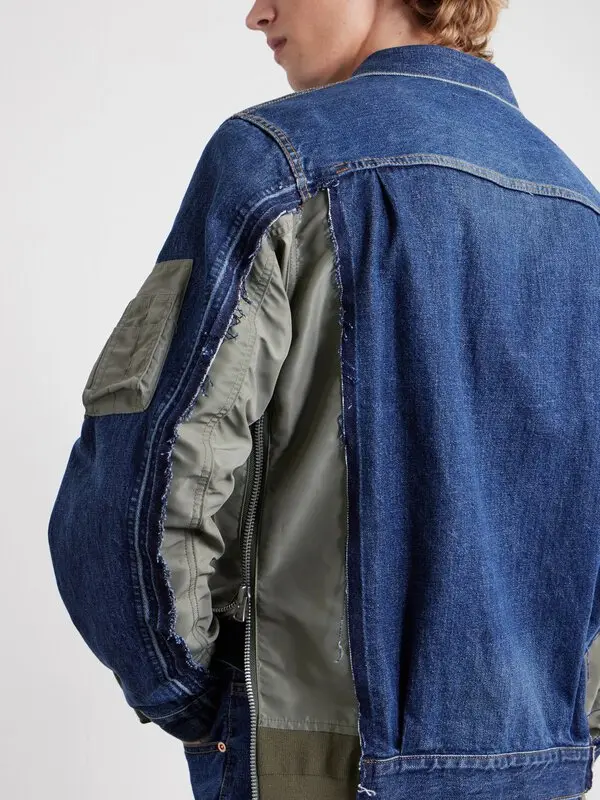 Sacai Distressed Shell-trimmed Denim Jacket