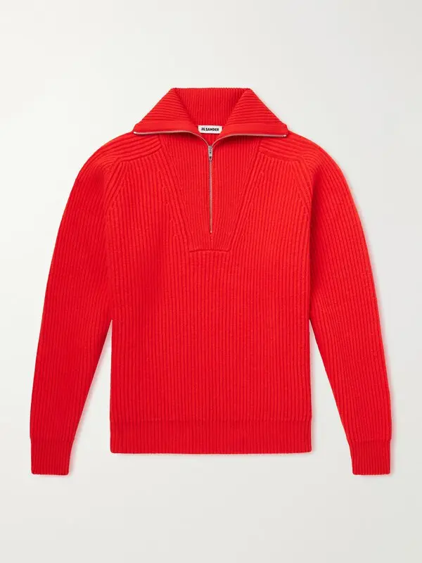 JIL SANDER Ribbed Wool Zip-up Sweater - Red