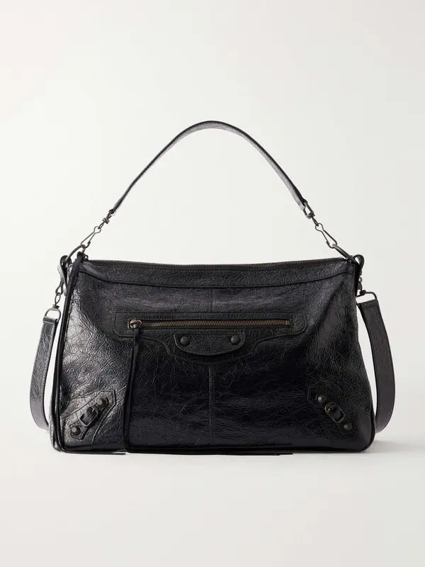 Balenciaga Le City Moto Medium Embellished Crinkled-leather Messenger Bag - Black