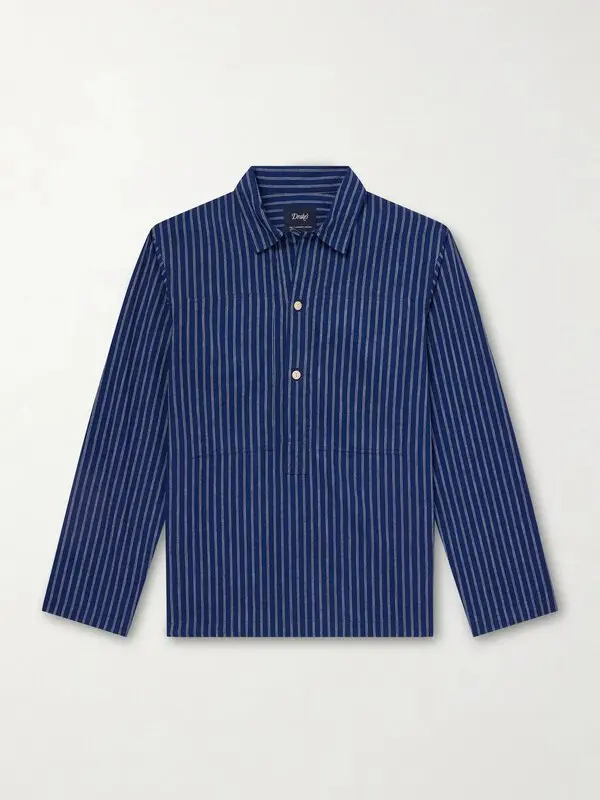DRAKE'S Striped Cotton Polo Shirt - Blue