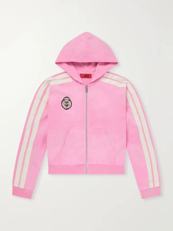 424 Academy Logo-appliquéd Cotton-jersey Zip-up Hoodie - Pink