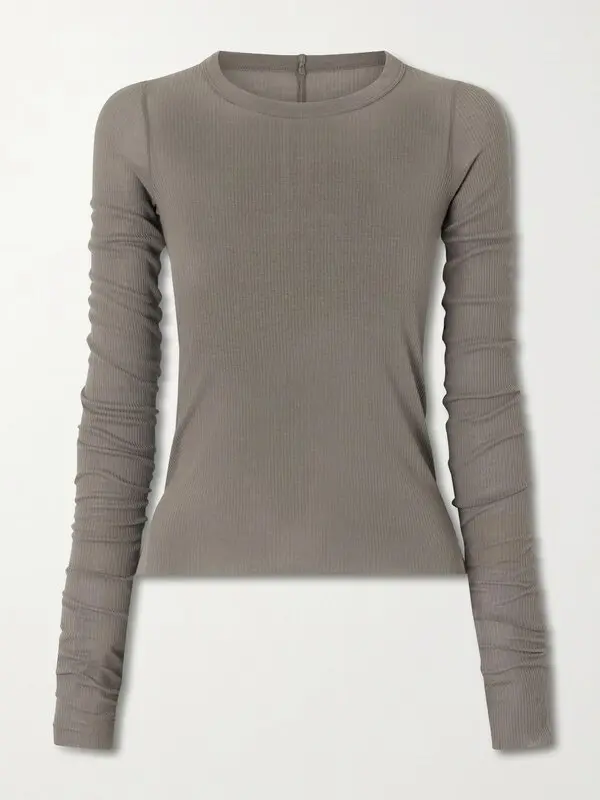 Rick Owens Ribbed Jersey T-shirt With Elongated Sleeves And Raw Hem - Gray
