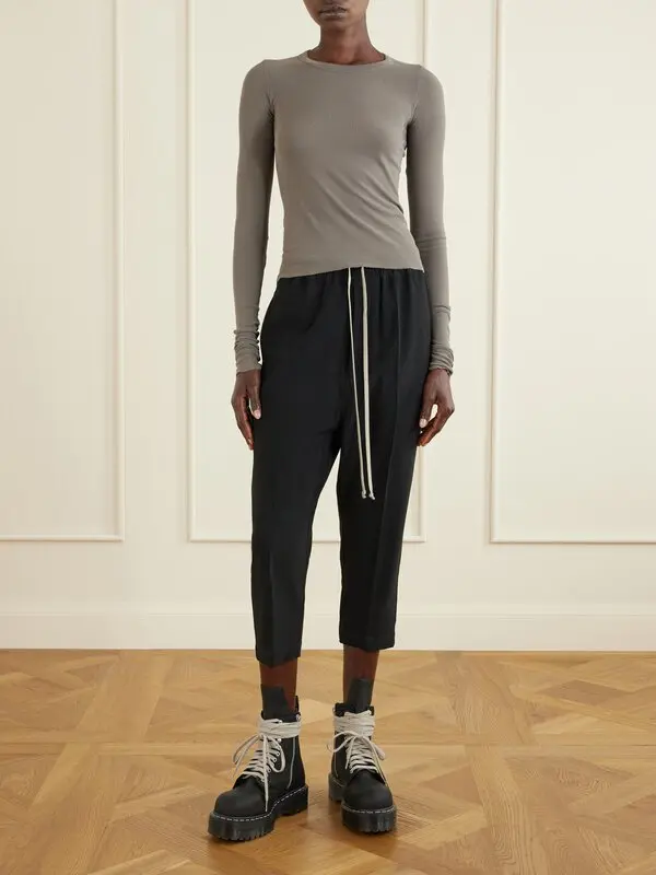 Rick Owens Ribbed Jersey T-shirt With Elongated Sleeves And Raw Hem - Gray