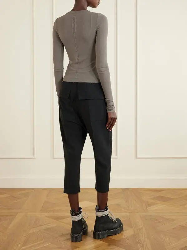 Rick Owens Ribbed Jersey T-shirt With Elongated Sleeves And Raw Hem - Gray